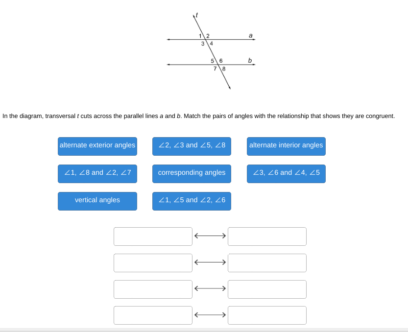 In the diagram, transversal t cuts across the parallel lines...