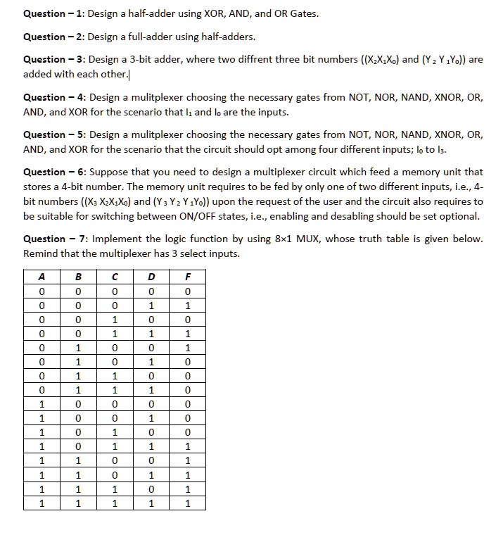 question design half adder using xor and and or gates question 2 design ...
