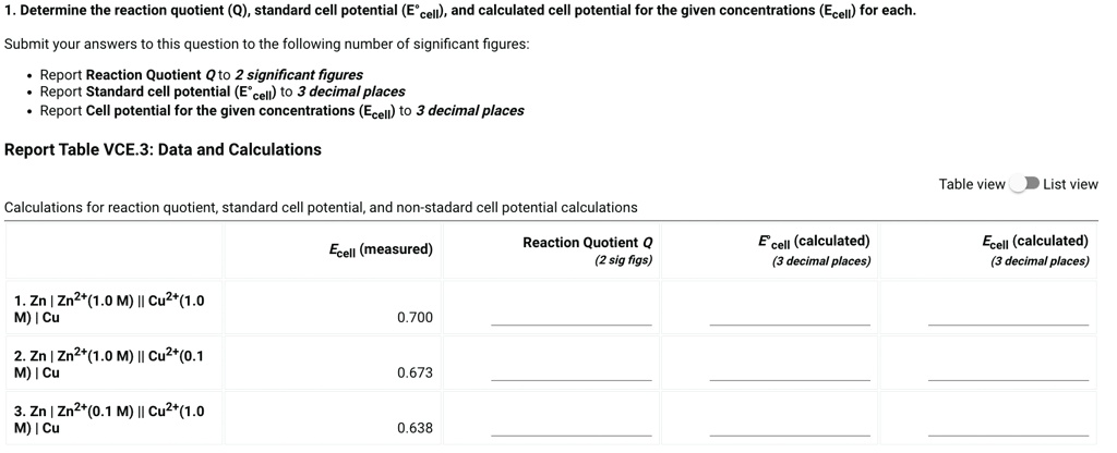 SOLVED: Determine the reaction quotient (Q), standard cell potential (Ecell), and calculated ...