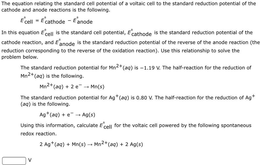 the equation relating the standard cell potential of a voltaic cell to ...