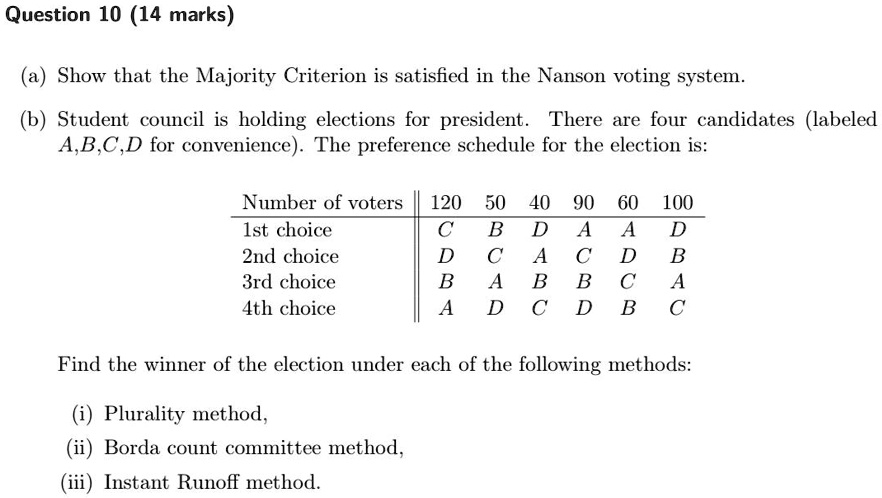 question 10 14 marks show that the majority criterion is satisfied in ...
