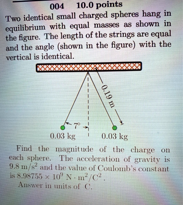 004 100 points two identical small charged spheres hang in equilibrium with equal masses as ...