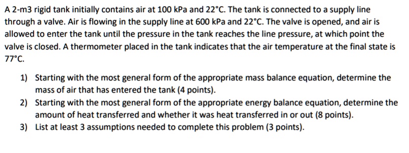 SOLVED: A 2-m^3 rigid tank initially contains air at 100 kPa and 22Â°C ...