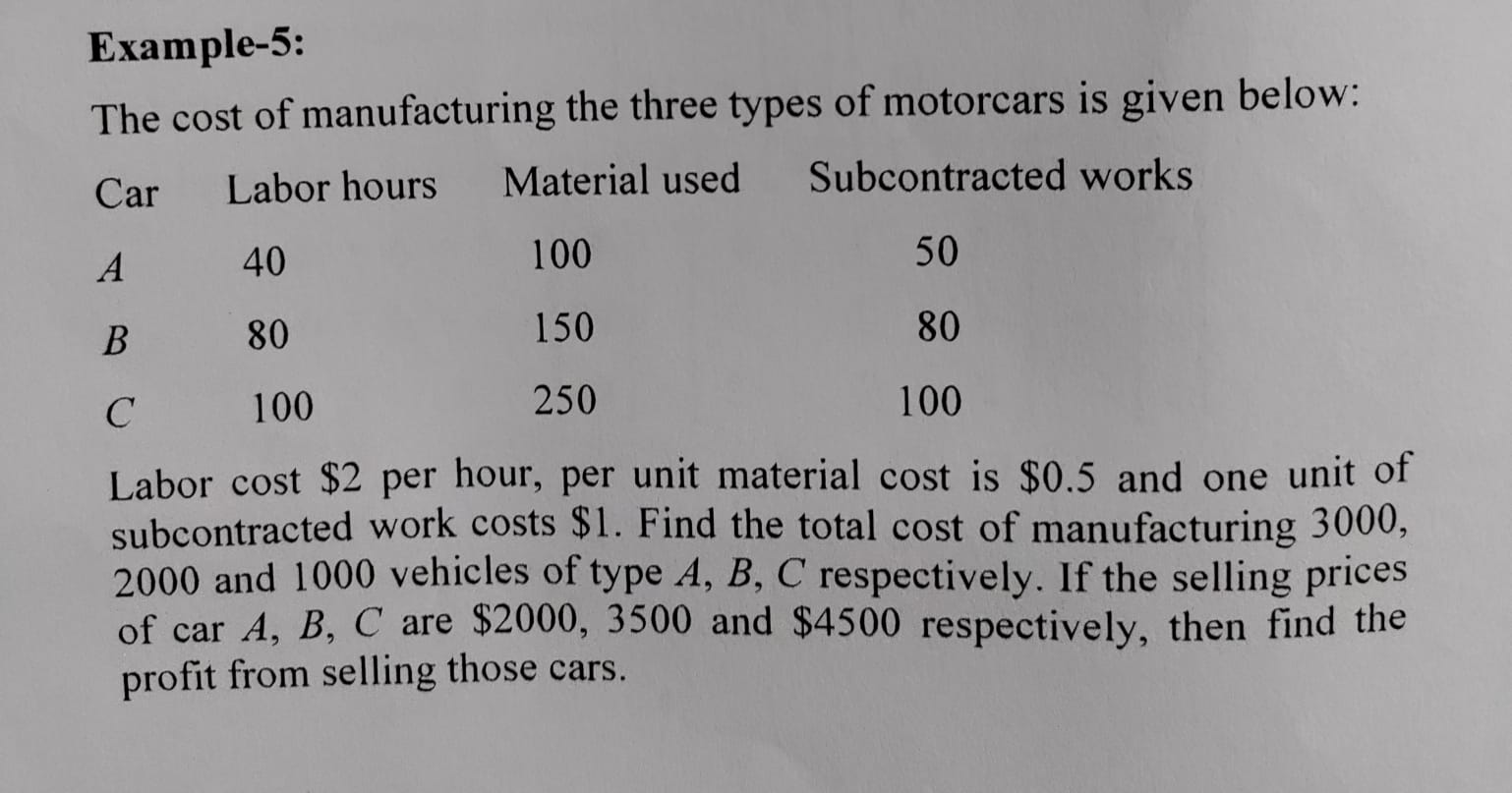 example 5 the cost of manufacturing the three types of motorcars is ...
