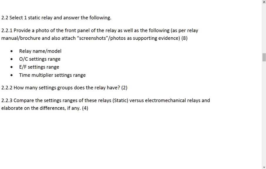 SOLVED: Please assist me with the questions below. 2.2 Select 1 static relay and answer the ...