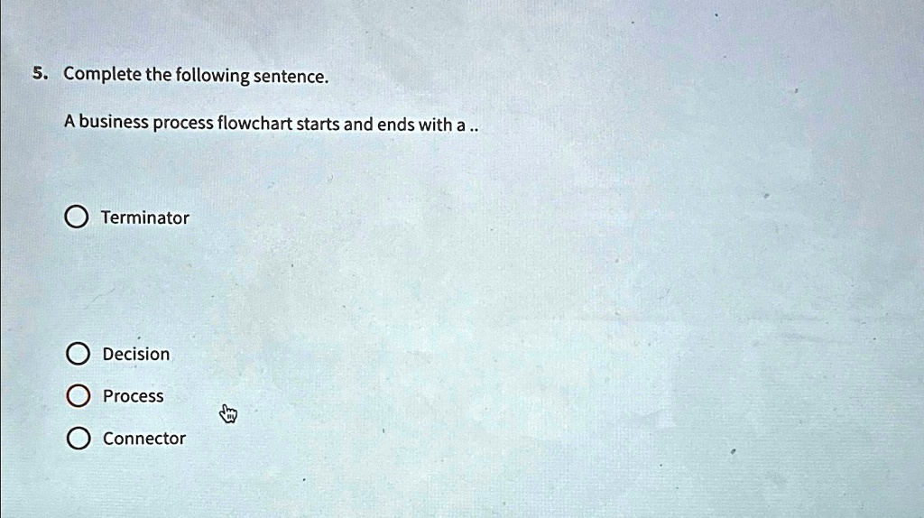 5. Complete the following sentence. A business process flowchart starts ...