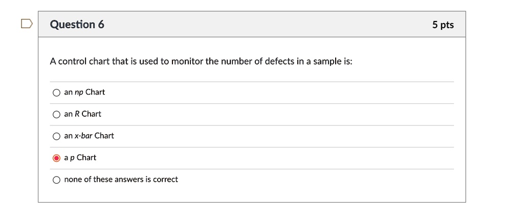SOLVED: Question 6 5 pts A control chart that is used to monitor the ...