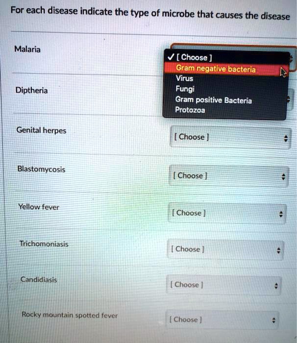 For each disease indicate the type of microbe that causes the disease ...