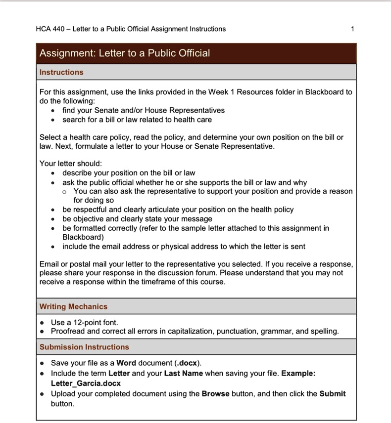 HCA 440-Letter to a Public Official Assignment Instructions Assignment ...