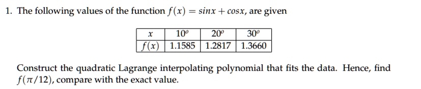 [GET ANSWER] the following values of the function fx sinx cosx are given 10 20 30 11585 12817 ...
