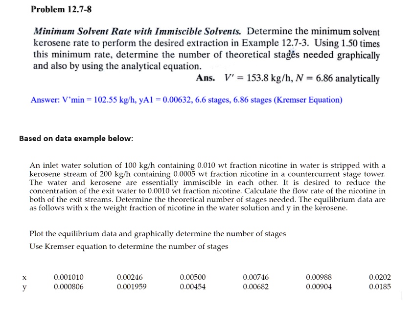 [GET ANSWER] Problem 12.7-8 Minimum Solvent Rate with Immiscible Solvents. Determine the minimum ...