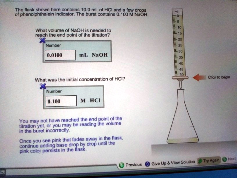 SOLVED: The flask shown here contains 10.0 mL of HCl and a few drops of phenolphthalein ...
