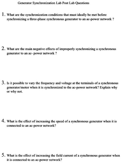 Generator Synchronization Lab Post Lab Questions 1 What Are The