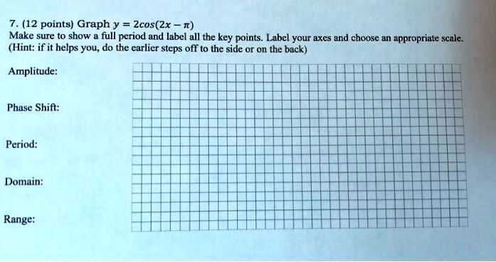 7. (12 points) Graph y = 2cos(2x - pi) Make sure to show a full period ...