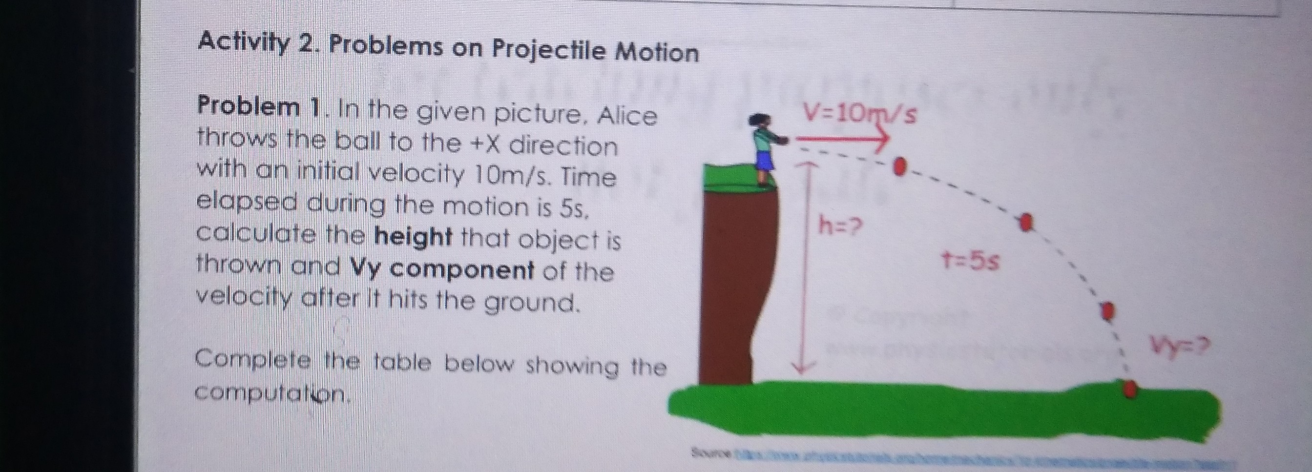Activity 2. Problems on Projectile Motion Problem 1. In the given picture, Alice throws the ball ...
