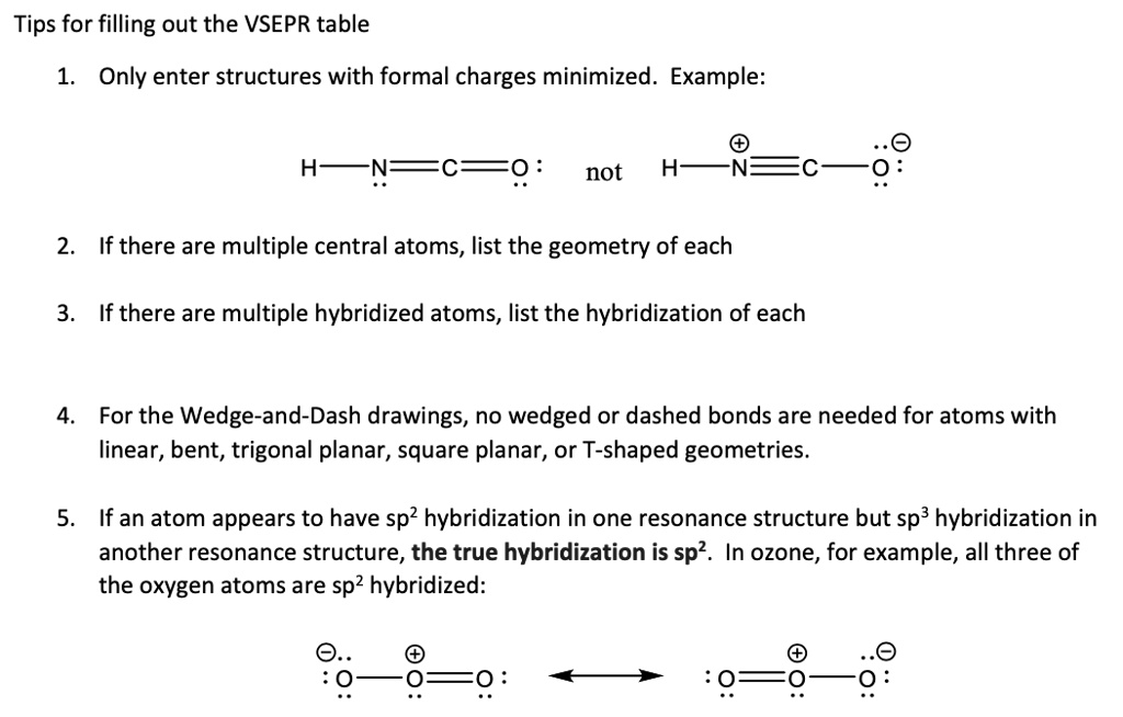 SOLVED: Tips for filling out the VSEPR table Only enter structures with formal charges minimized ...