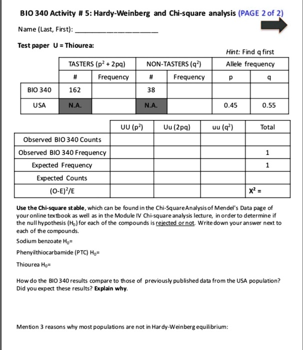 Solved Bio 340 Activity 5 Hardy Weinberg Ad Chi Square Analysis