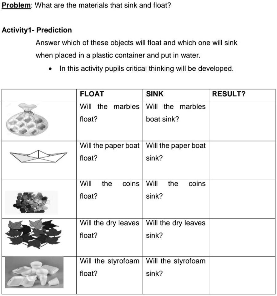 SOLVED: Science Problem: What are the materials that sink and float ...