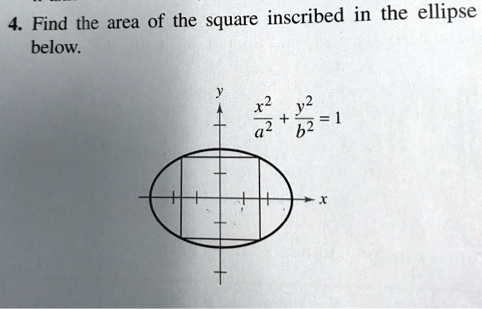 SOLVED: 4. Find the area of the square inscribed in the ellipse below ...
