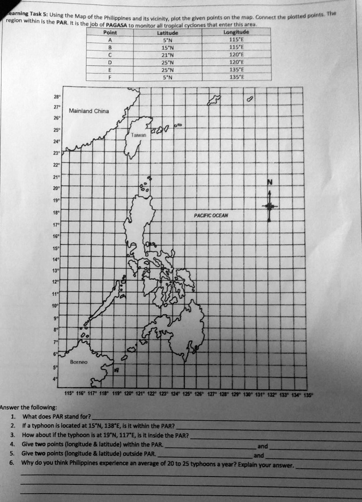 SOLVED: Learning Task 5: Using the map of the Philippines and its vicinity, plot the given ...