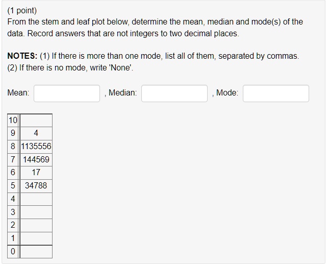 point from the stem and leaf plot below determine the mean median and modes of the data record ...