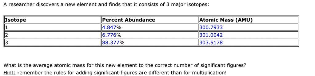 SOLVED: A researcher discovers a new element and finds that it consists ...