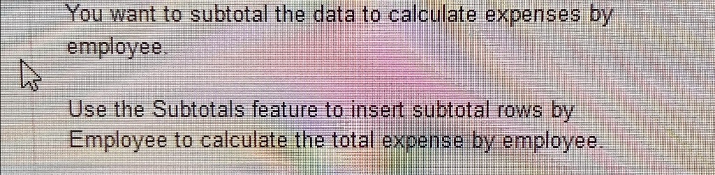 You want to subtotal the data to calculate expenses by employee. Use the Subtotals feature to ...