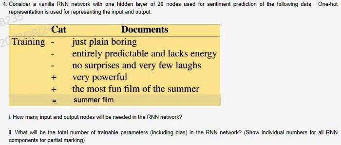 SOLVED: Consider a vanilla RNN network with one hidden layer of 20 nodes used for sentiment ...