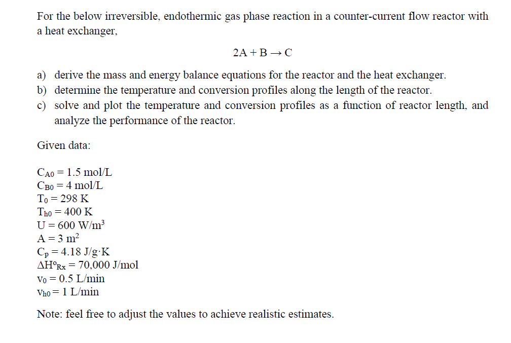 For the below irreversible, endothermic gas phase reaction in a counter ...