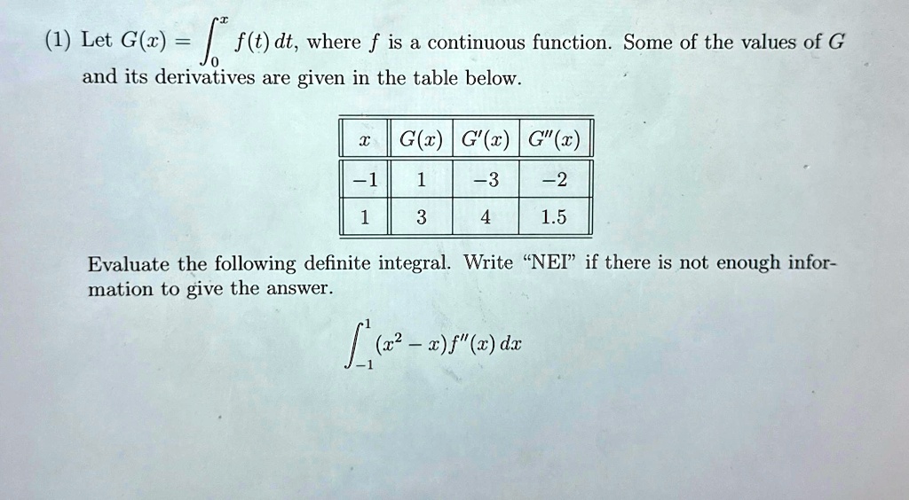 SOLVED: (1) Let G(x)=int0^x f(t)dt, where f is a continuous function. Some of the values of G ...