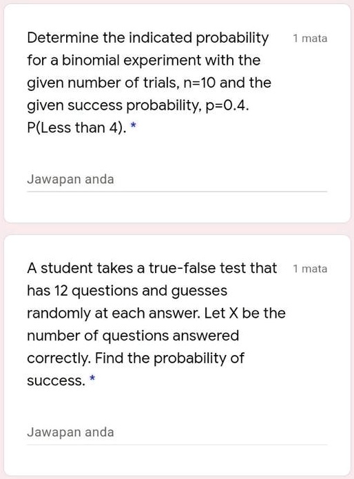 SOLVED: Determine the indicated probability for a binomial experiment with the given number of ...