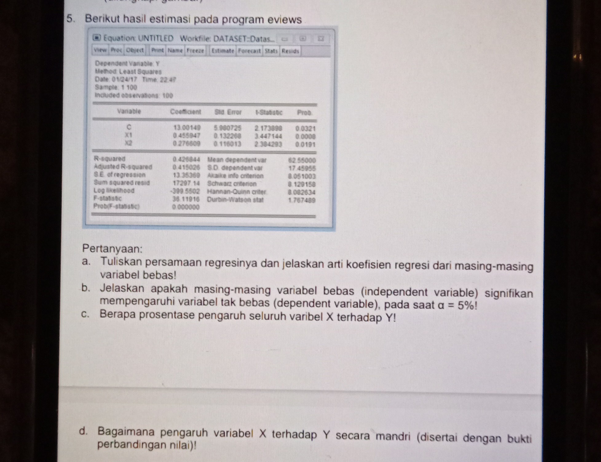 5. Berikut hasil estimasi pada program eviews ?) Equation UNTITLD ...