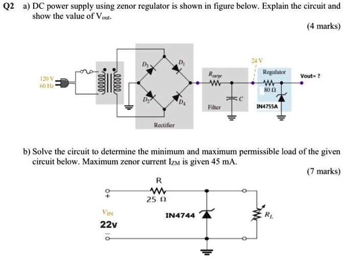 SOLVED: Q2: A DC power supply using a Zener regulator is shown in the figure below. Explain the ...