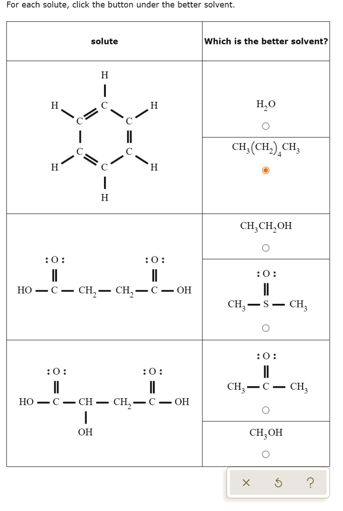 SOLVED: For each solute, click the button under the better solvent solute Which is the better ...
