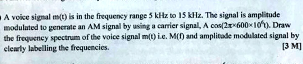 A voice signal m(t) is in the frequency range 5 kHz to 15 kHz. The ...