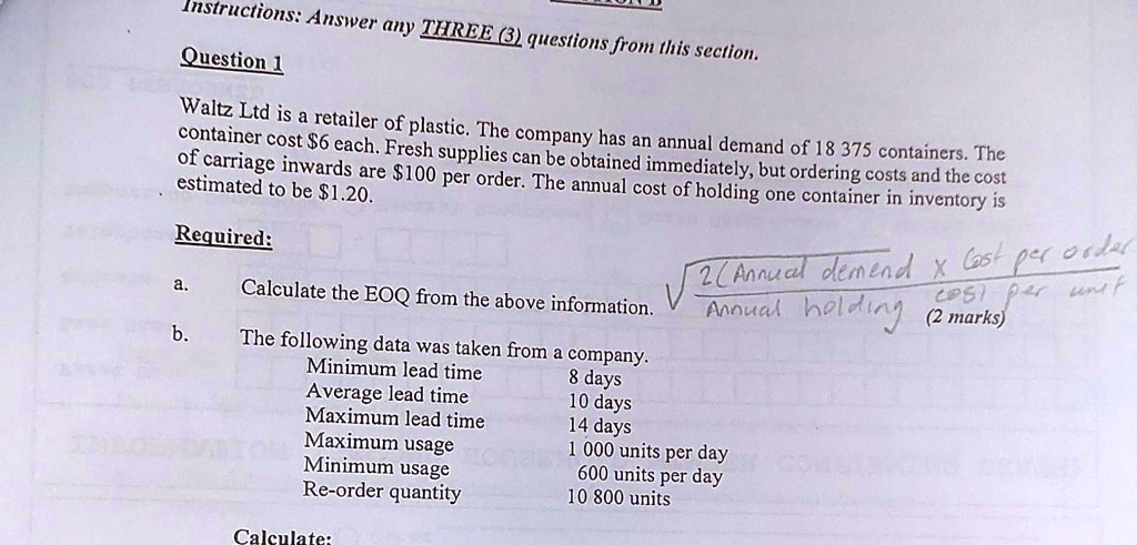Solved B Calculate The Reorder Point Using The Following Formula Reorder Point Average