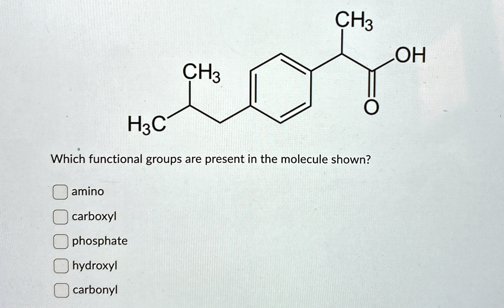 ch3 oh ch3 h3c which functional groups are present in the molecule shown amino carboxyl ...