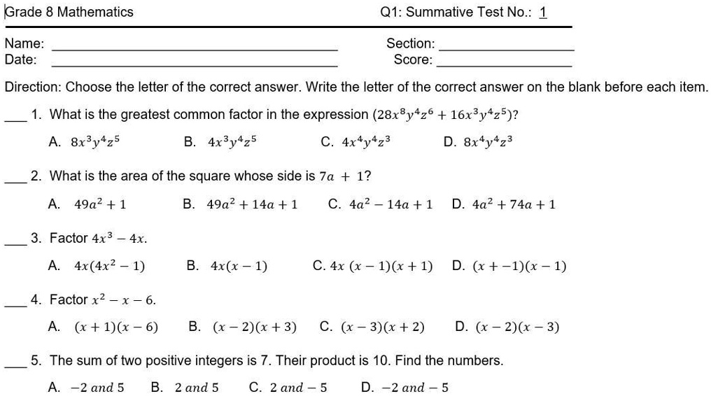 SOLVED: Summative Test Help mga be Grade 8 Mathematics Q1: Summative ...