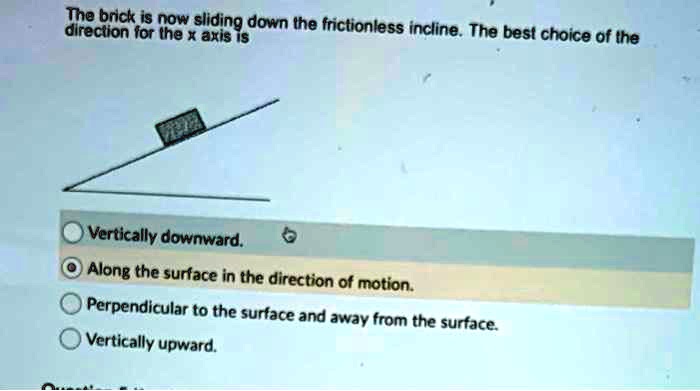 The brick is now sliding down the frictionless incline. The best choice ...