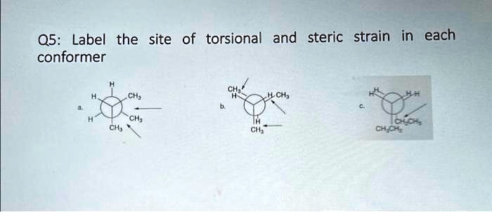 SOLVED: Q5: Label the site of torsional and steric strain in each ...