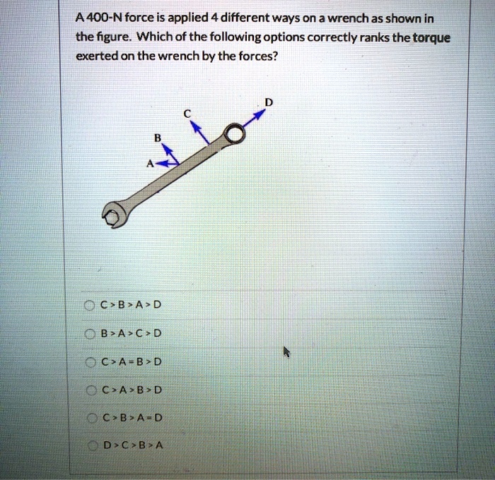 A 400-N force is applied 4 different ways on a wrench as shown in the ...