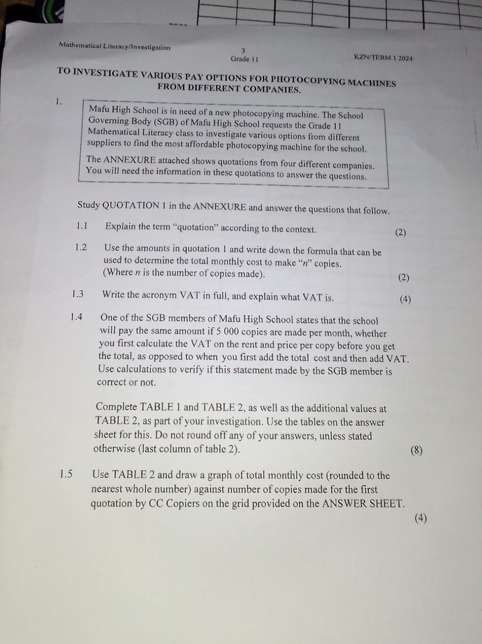 SOLVED: Mathematical Literacy/Investigation 3 Grade 11 KZN/TERM I 2024 ...