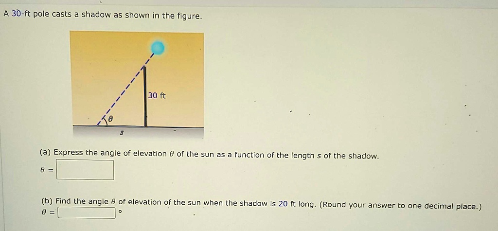 A 30-ft pole casts a shadow as shown in the figure. θ = (a) Express the ...