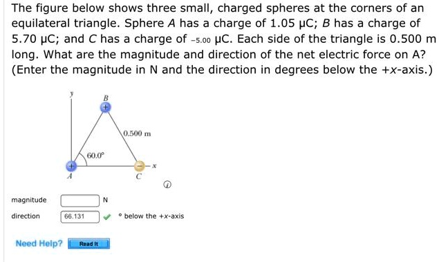 the figure below shows three small charged spheres at the corners of an ...