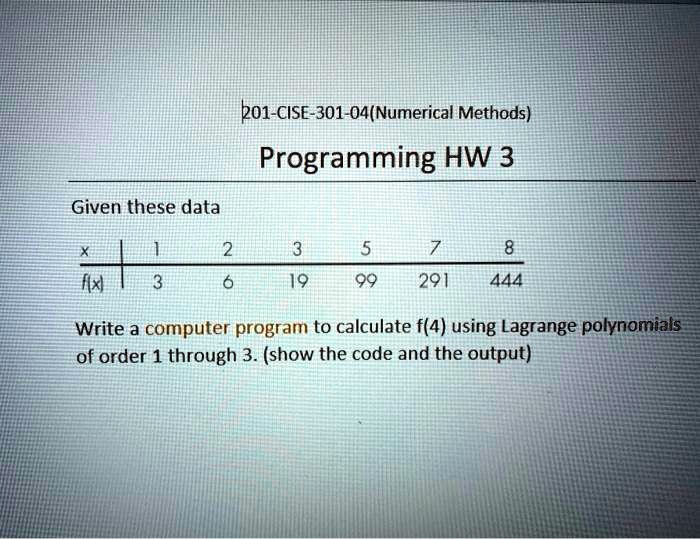 Given these data 201-CISE-301-04(Numerical Methods) Programming HW 3 x 1 2 3 5 7 8 f(x) 3 6 19 ...