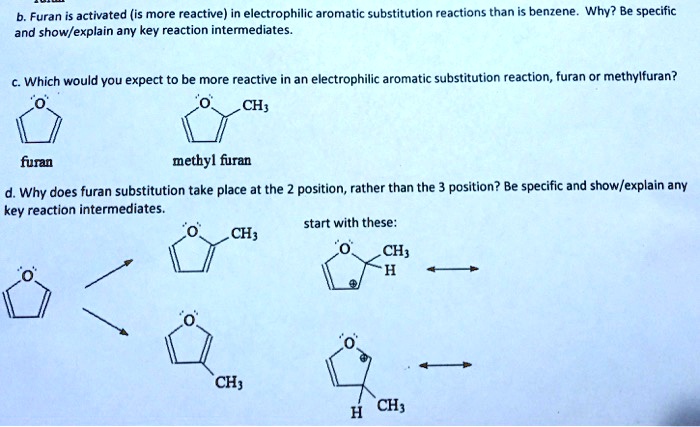 B. Furan is activated (is more reactive) in electrophilic...