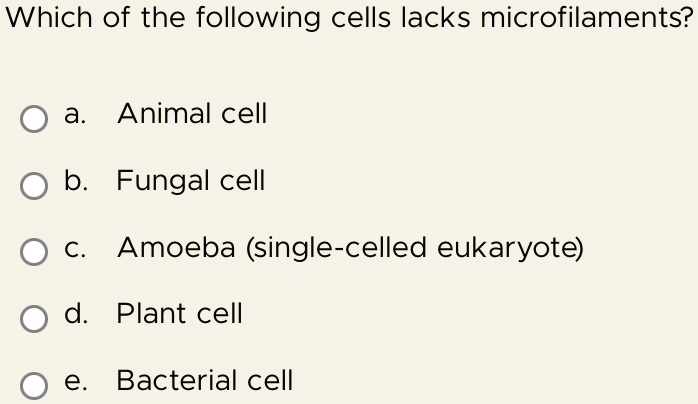 Which of the following cells lacks microfilaments? a. Animal cell b ...
