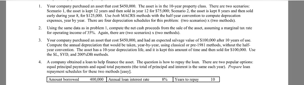 1. Your company purchased an asset that cost 450,000. The asset is in the 10-year property class ...