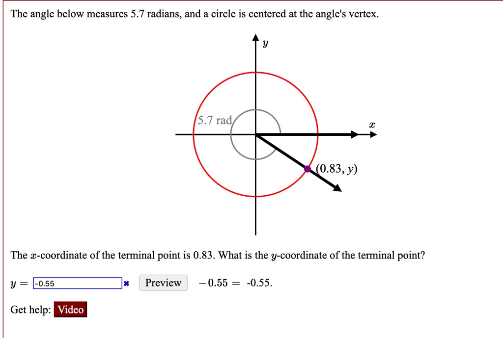 the angle below measures 57 radians and a circle is centered at the ...