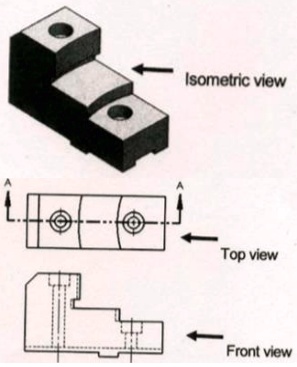 Shown below are isometric view, top view, and front view. Material is steel. Draw section A-A ...
